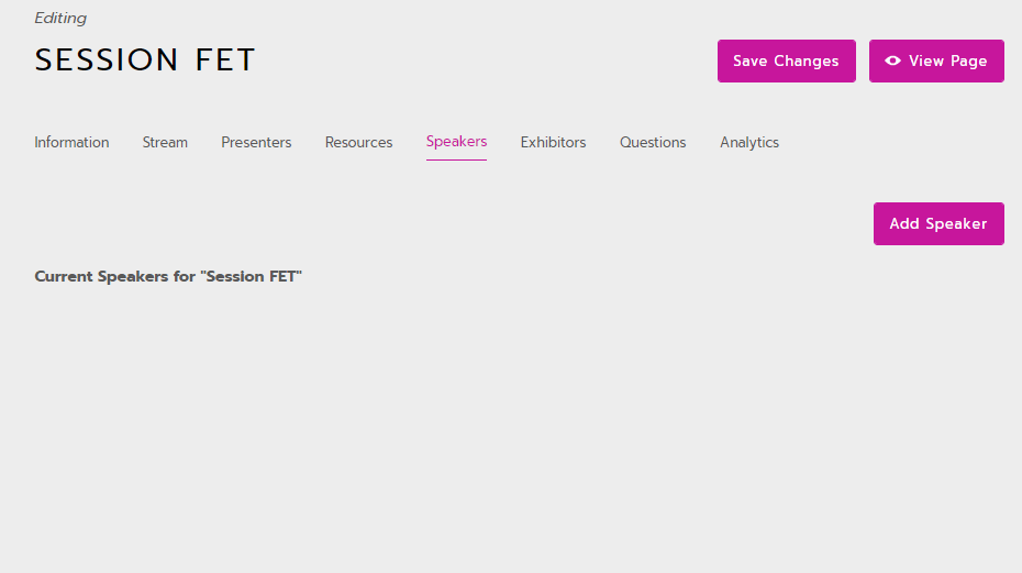 Speakers tab: Session editor